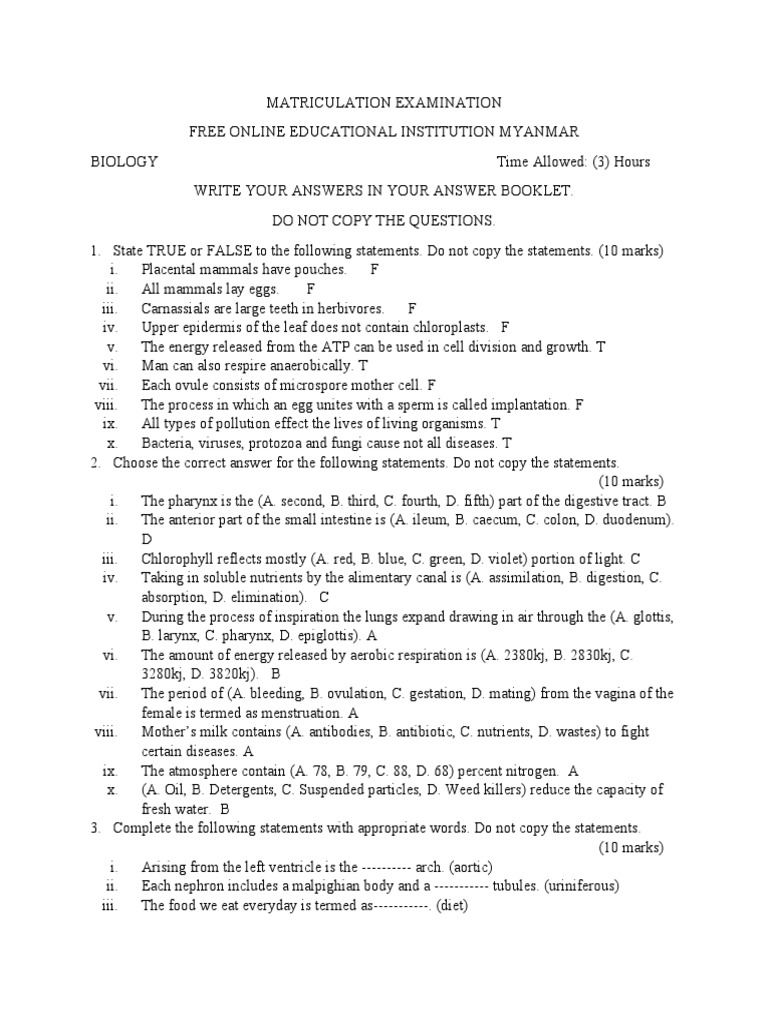 MATRICULATION EXAMINATION Answers | PDF | Organisms | Biology