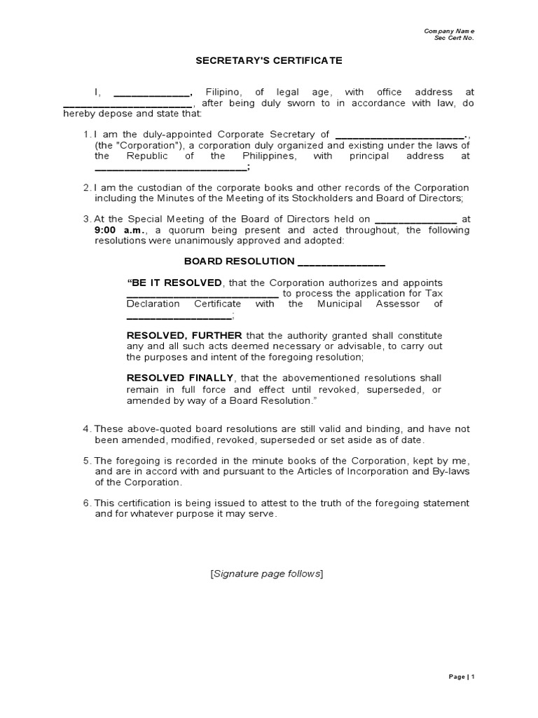 Secretary's Certificate for Tax Declaration | PDF | Governance | Legal ...
