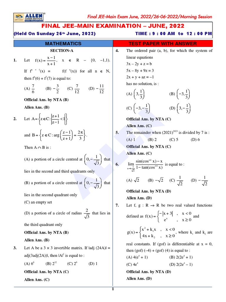 Allen: Final Jee-Main Examination - June, 2022 | Download Free PDF ...