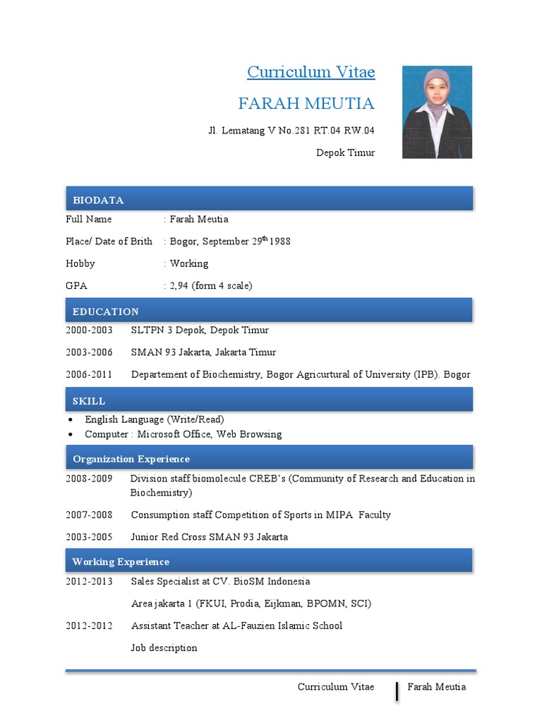 Curriculum Vitae Farah Meutia | PDF
