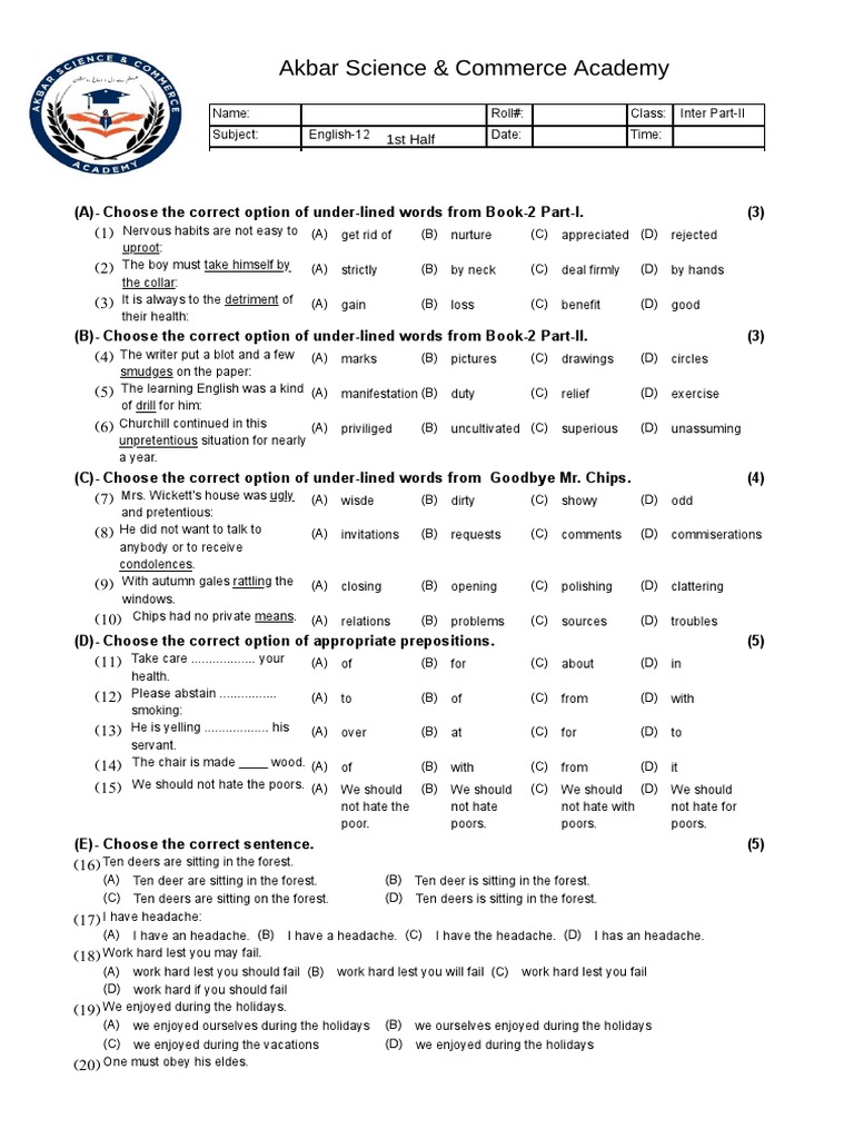 2nd Year English Full Test Paper | PDF | Louis Pasteur