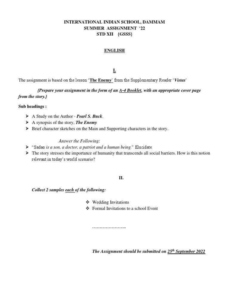 Holiday Assignment XII - 2022 - English | PDF