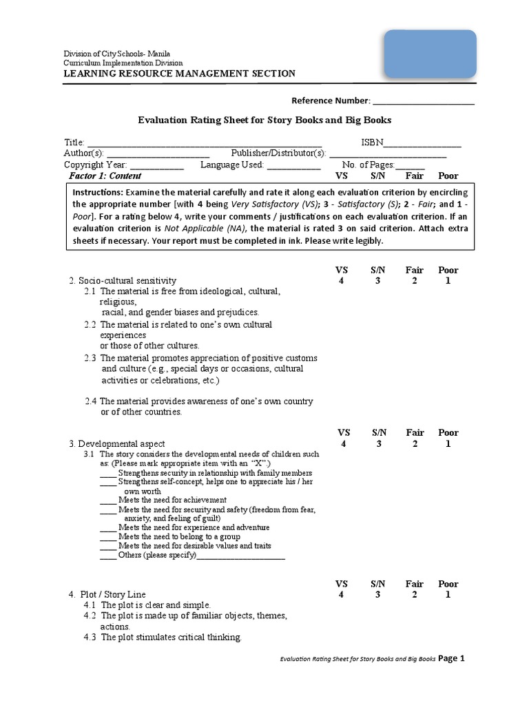 4 Evaluation Sheet For Story Books and Big Books July 17, 2019 | PDF ...