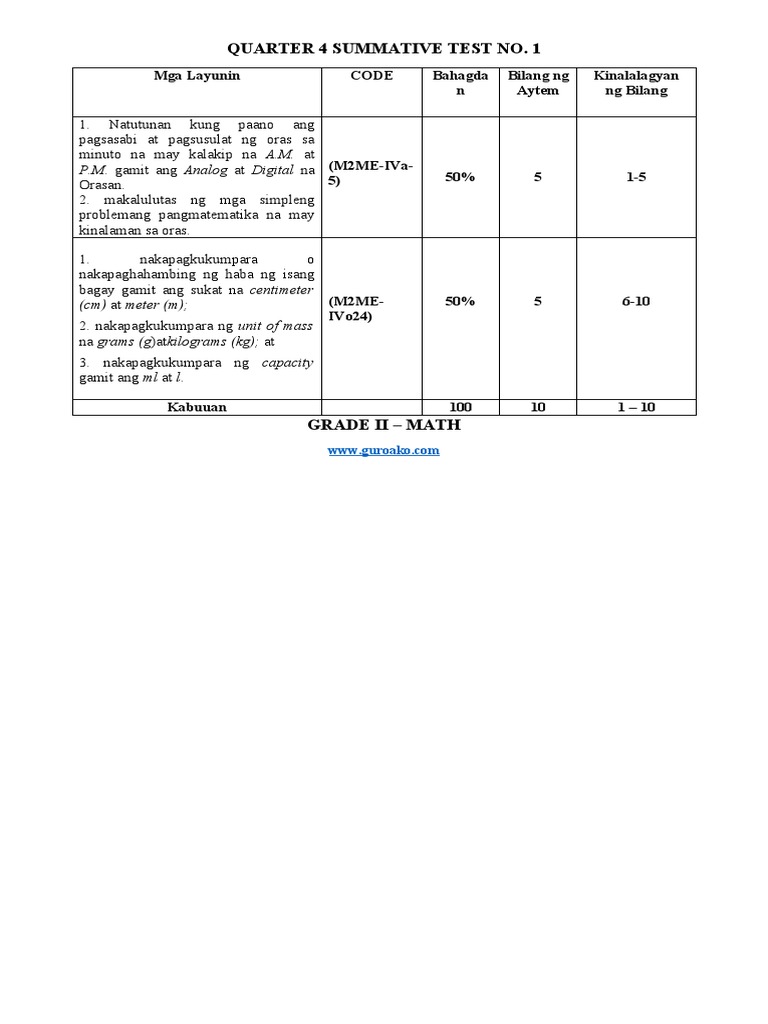 Q4 ST 1 GR.2 Math With Tos | PDF