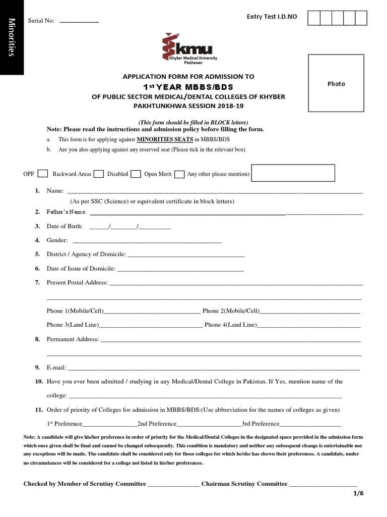 Khyber Pakhtunkhwa MBBS/BDS Admission Form | PDF | Dental Degree ...