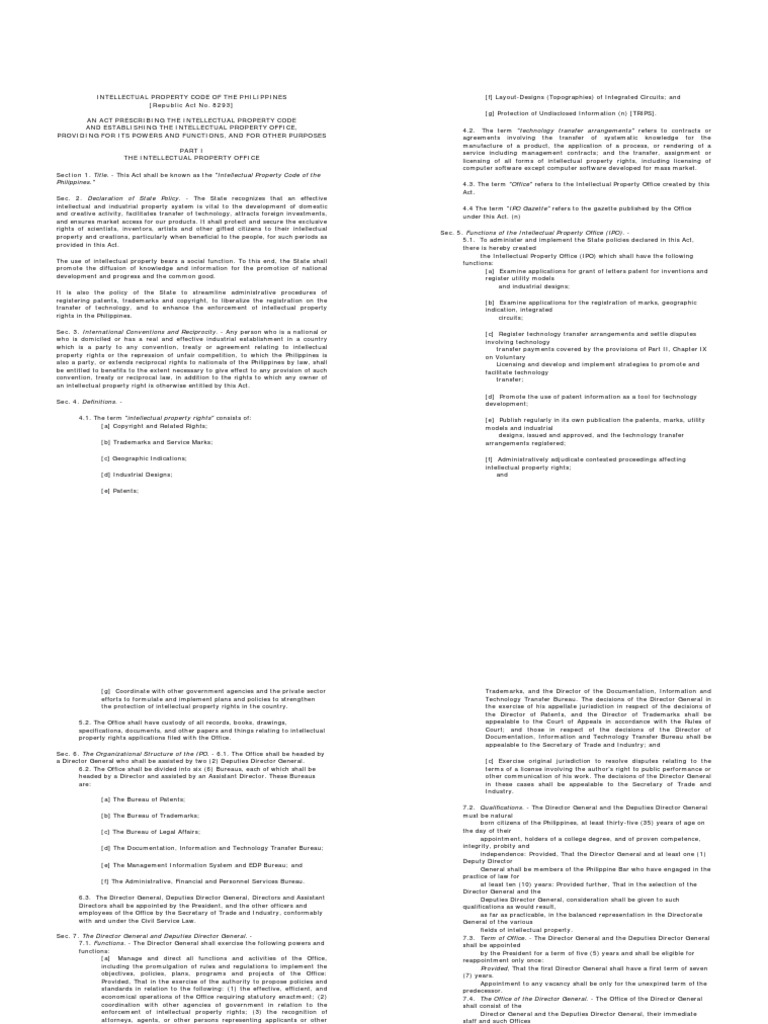 Ra 8293 Intellectual Property Law | PDF | Patent | Intellectual Property