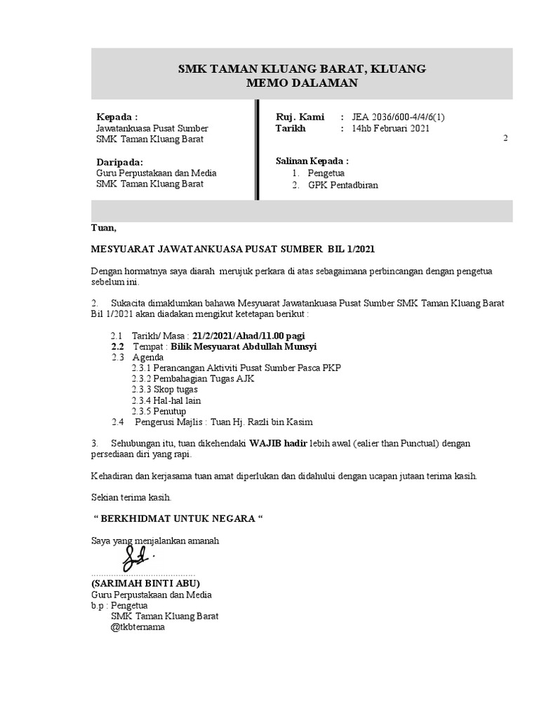 Memo Mesyuarat JK Pss Bil 1 | PDF