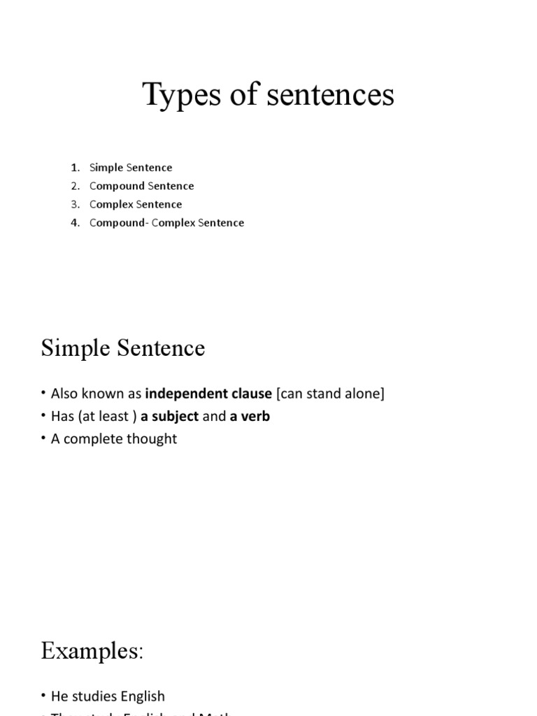 Types Of Sentences 1 Simple Sentence 2 Compound Sentence 3 Complex
