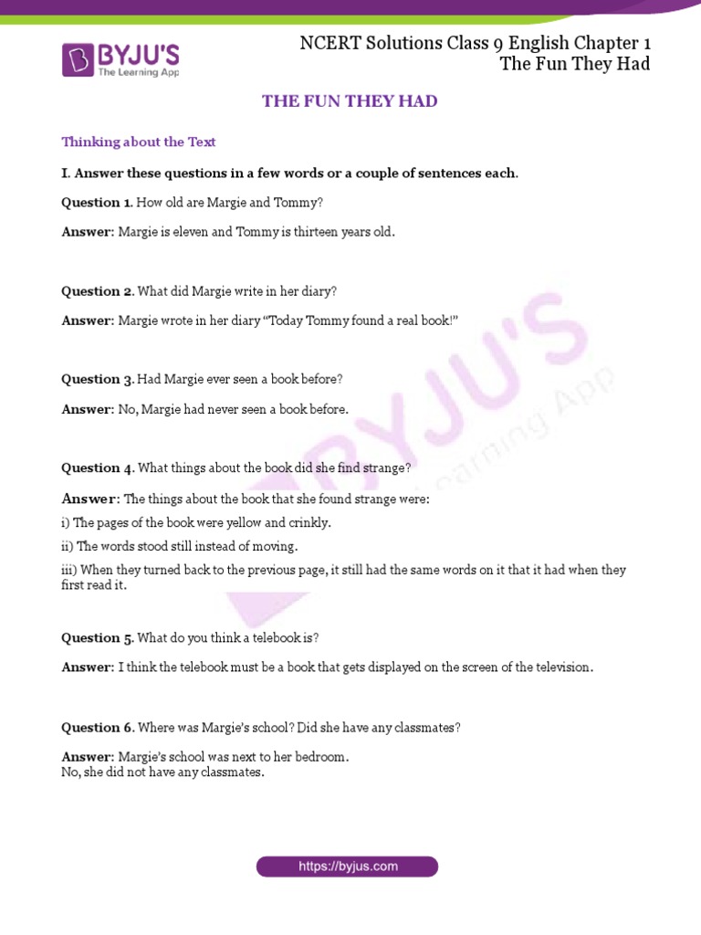 NCERT Solutions Class 9 English Chapter 1 The Fun They Had | PDF ...