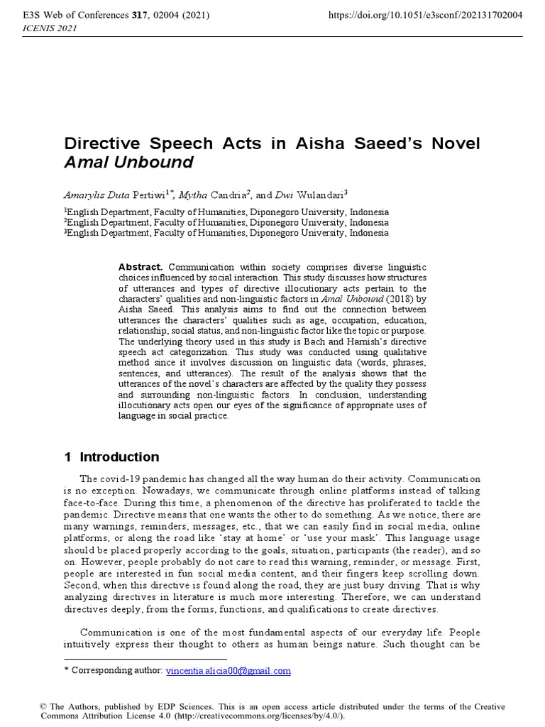 Directive Speech Acts in Aisha Saeed's Novel: Amal Unbound | PDF ...