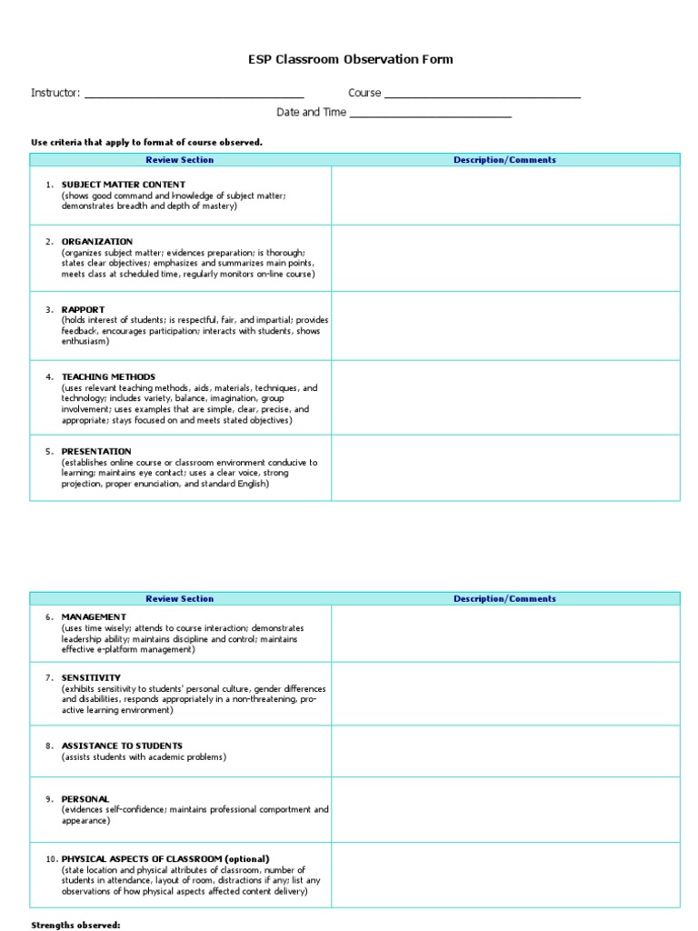 ESP - Classroom Observation Form | PDF | Educational Technology ...