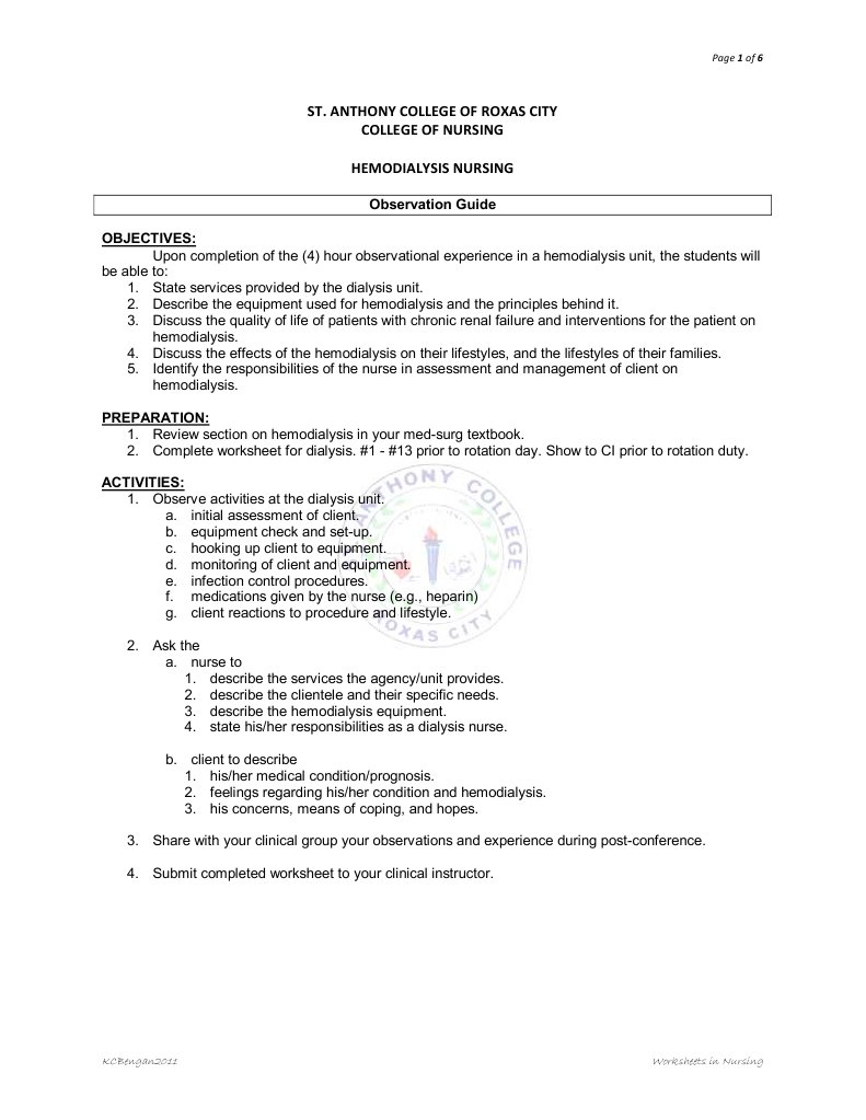 Hemodialysis Worksheet | PDF | Hemodialysis | Medicine