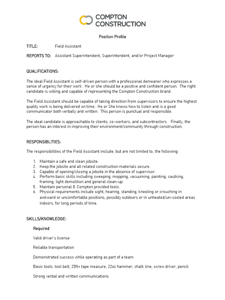 Field Assistant Position Profile | PDF | Business