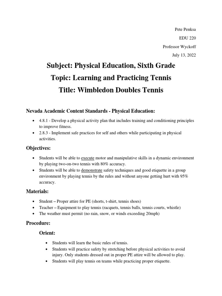 Di Lesson Plan - Middle School Tennis | Download Free PDF | Physical ...