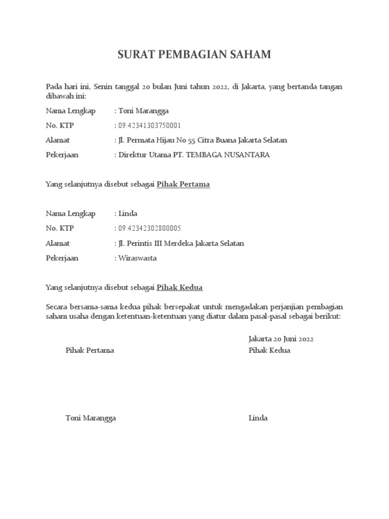 Surat Perjanjian Pembagian Saham | PDF | Bisnis