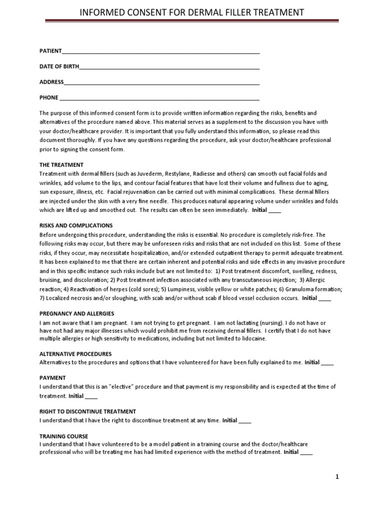 Dermal Filler Consent Form | PDF | Wrinkle | Patient