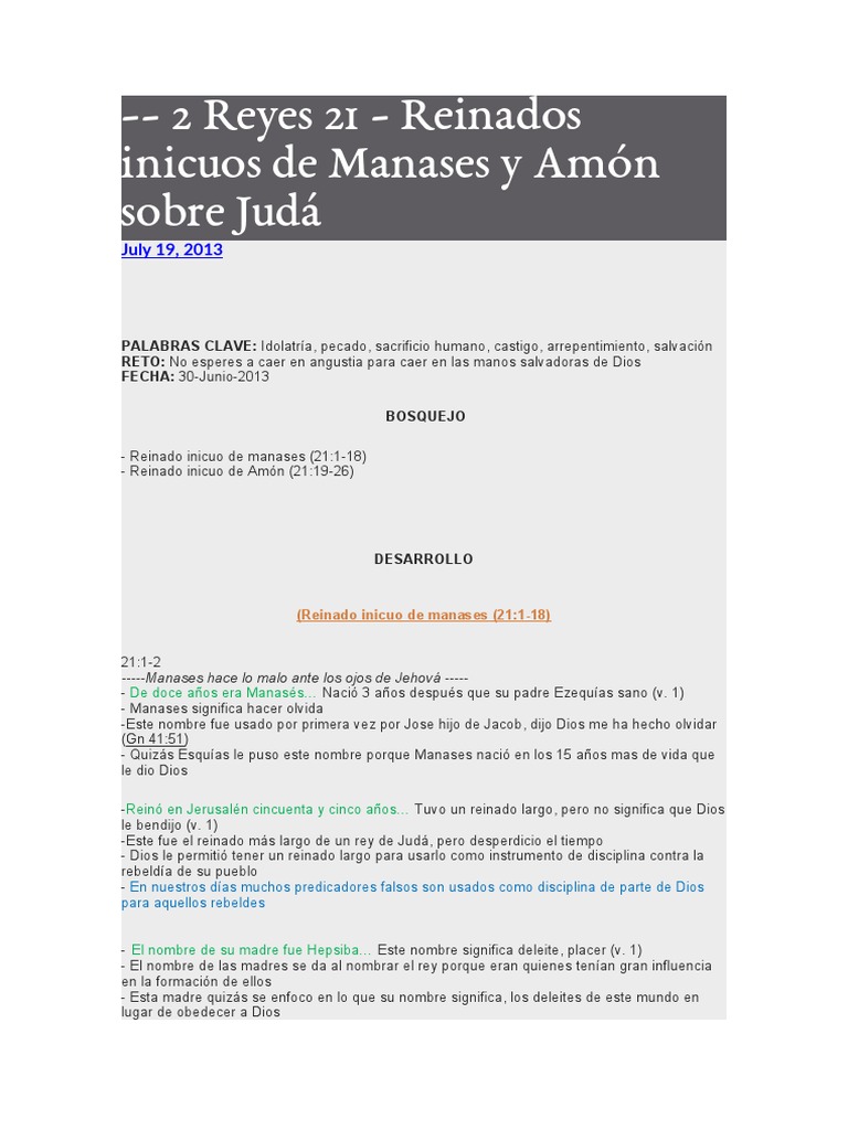Bosquejo 2 Reyes 21 | PDF | Isaias | Contenido bíblico