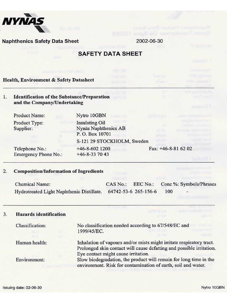 Nynas Safety Data Sheet | PDF