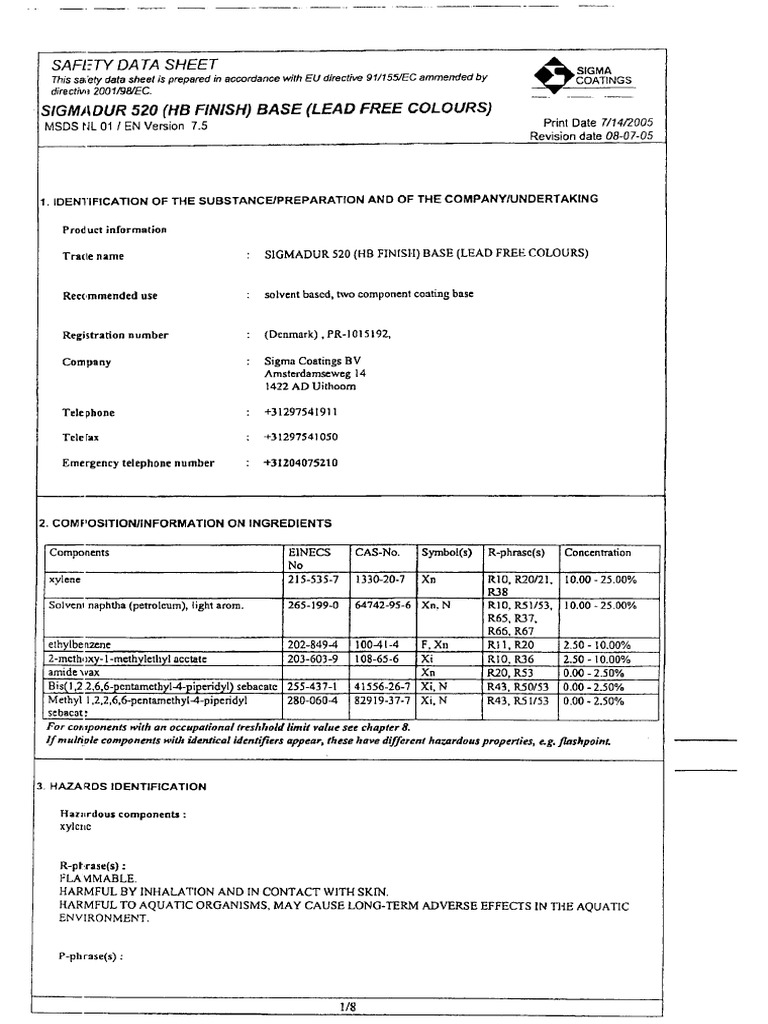 Safety Data Sheet Sigmadur 520 Base | PDF