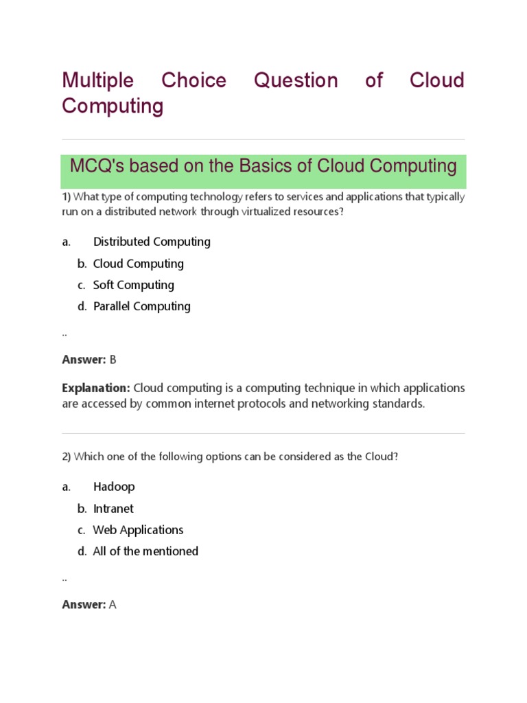 Multiple Choice Question of Cloud Computing | PDF | Cloud Computing ...