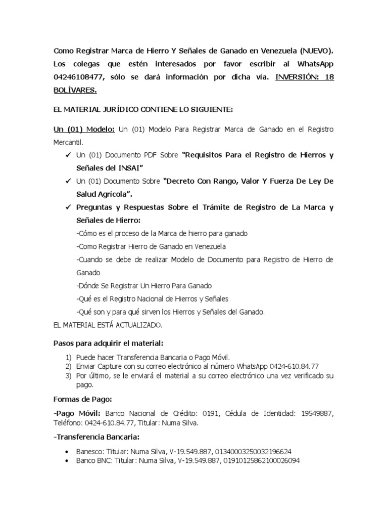 Como Registrar Marca de Hierro Y Señales de Ganado en Venezuela | PDF