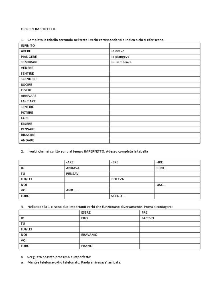 Esercizi Imperfetto | PDF