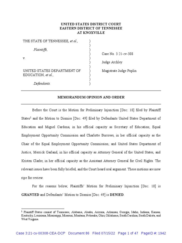 Tennessee Federal Judge Blocks Biden Admin LGBTQ Protections | PDF ...