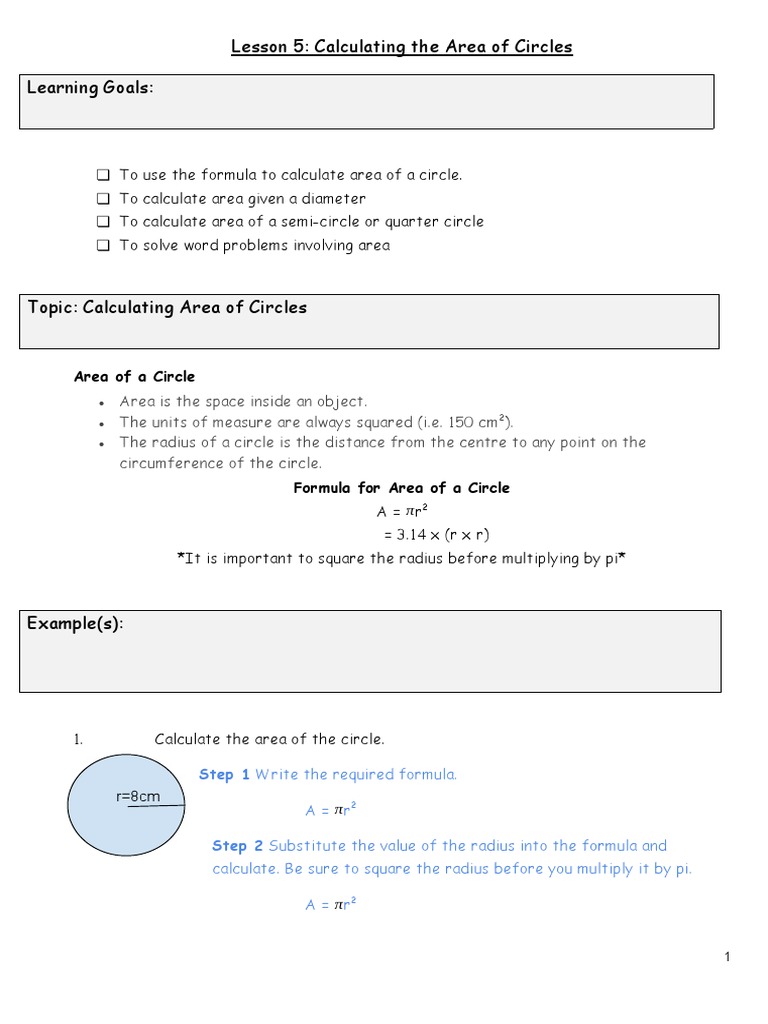 Lesson 5: Calculating The Area of Circles Learning Goals | PDF | Area ...