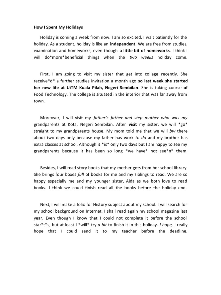 My Plans for the Upcoming School Holiday | PDF