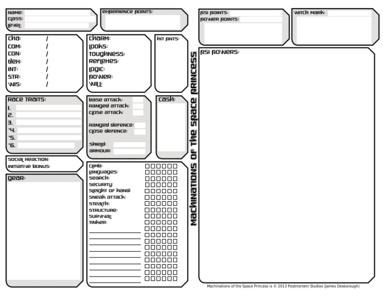 Machinations of The Space Princess Mleh Fillable Char Sheet | PDF