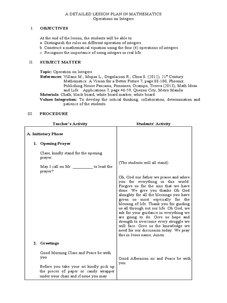 Detailed Lesson Plan | PDF | Division (Mathematics) | Subtraction