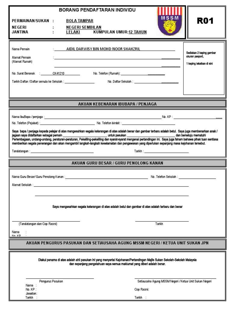 Borang Pendaftaran R01 | PDF