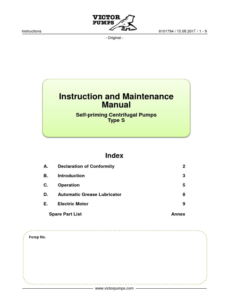 Instruction and Maintenance Manual: Index | PDF | Pump | Bearing ...