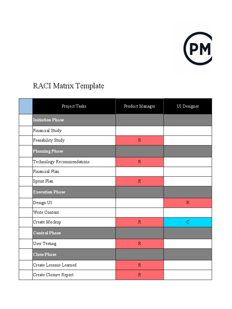 RACI Matrix Template: Project Tasks Product Manager UI Designer | PDF ...