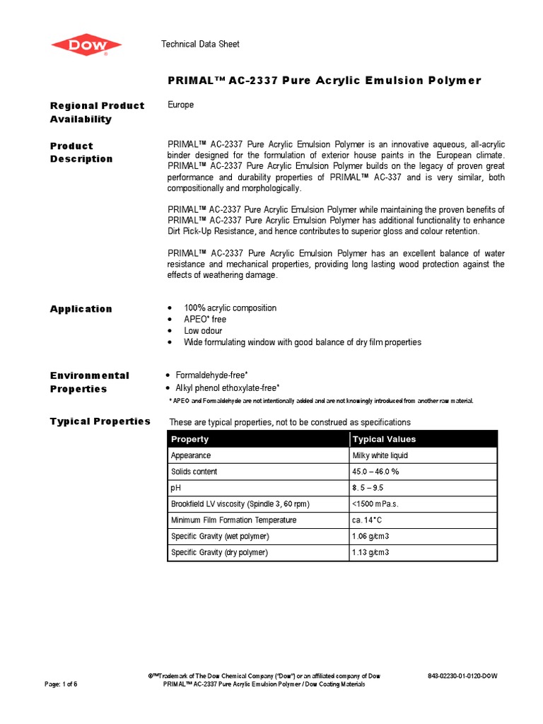 PRIMAL™ AC-2337: Pure Acrylic Emulsion Polymer | PDF | Paint | Poly ...