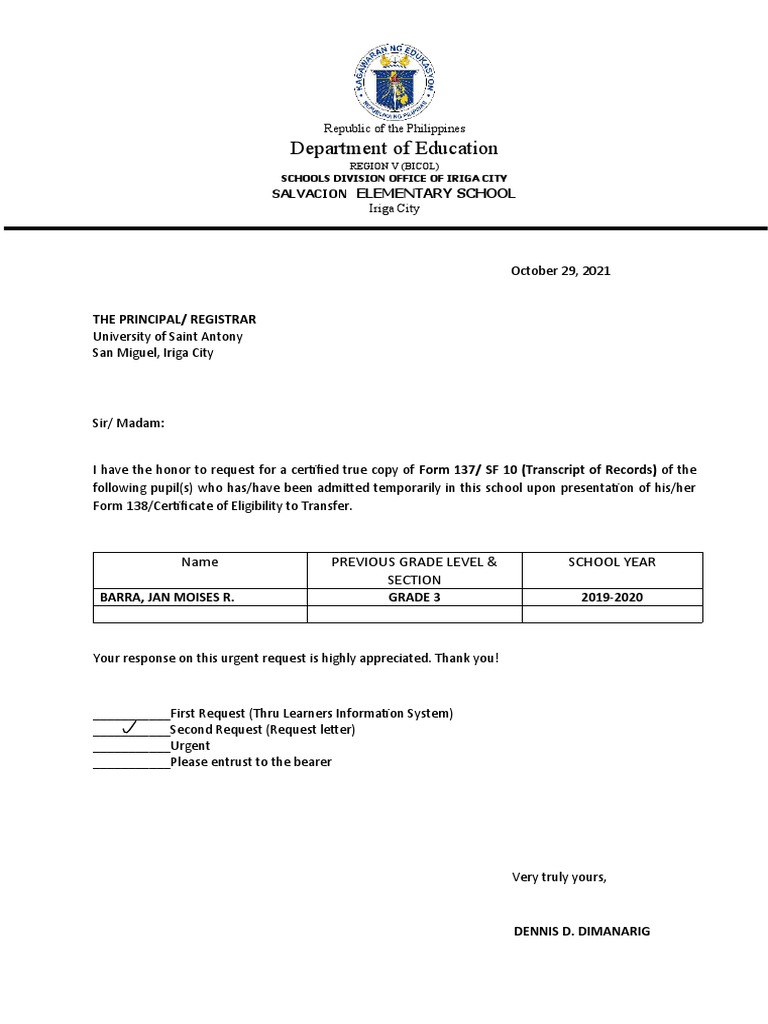 Request Letter Sf10 | PDF