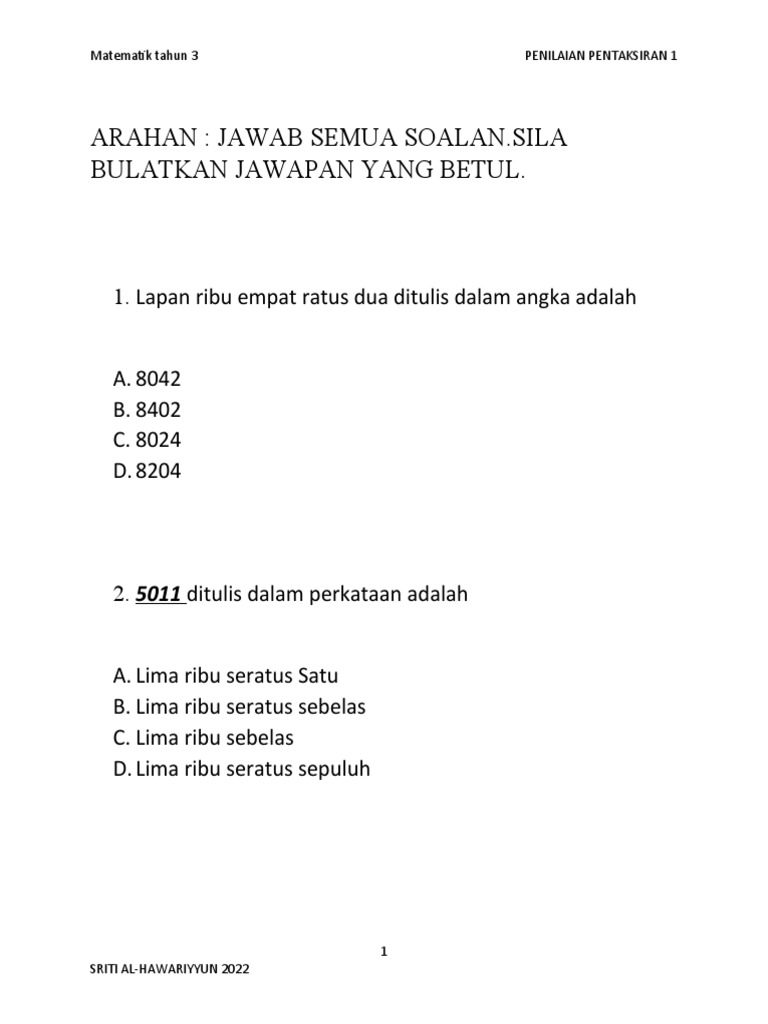 Soalan PPT 1 Math Full (T3) | PDF