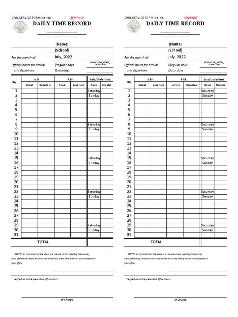 Daily Time Record for July 2022 | PDF