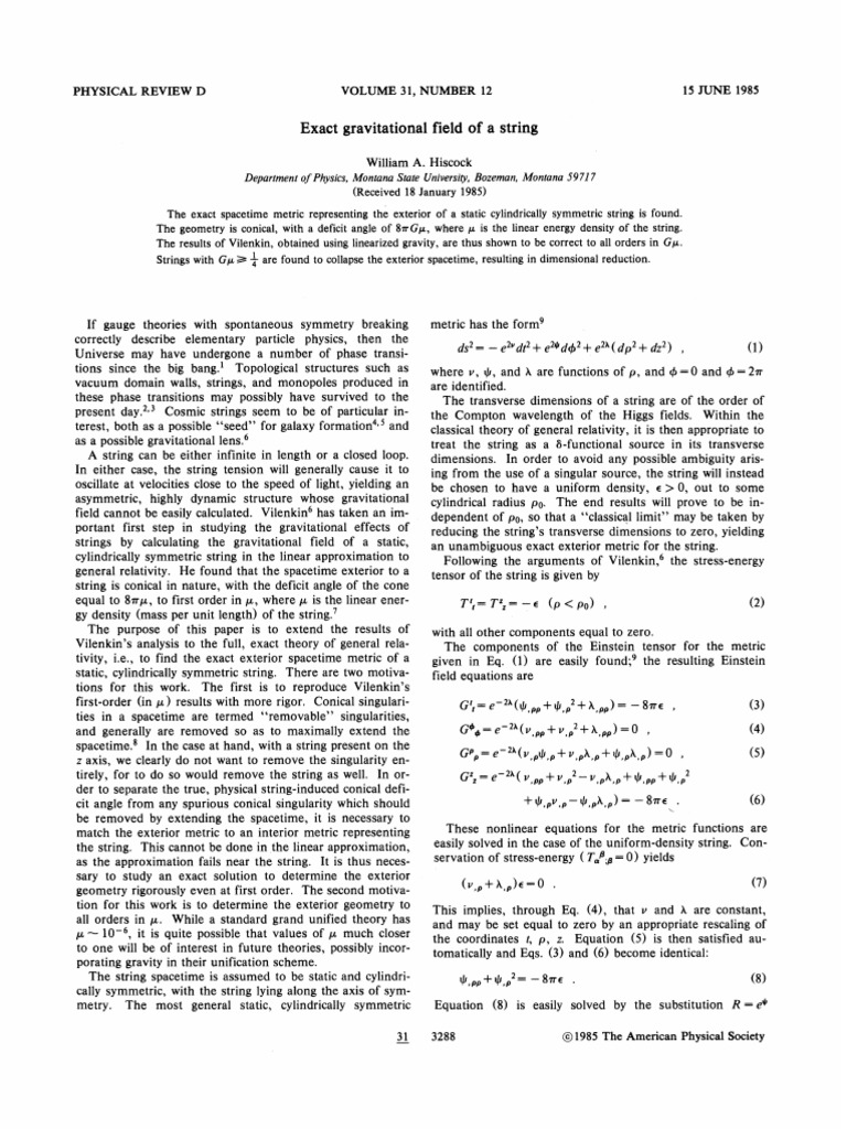 Exact Gravitational Field of a String | PDF | String Theory | General Relativity