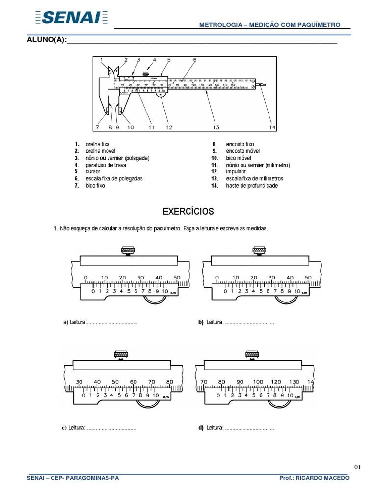 Exercícios de Leitura de Paquímetro | PDF | Metrologia