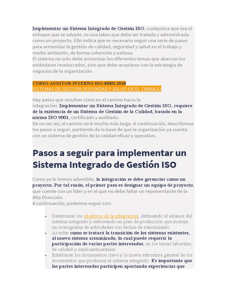 Implementar Un Sistema Integrado De Gestión Iso Pdf Gestión De La