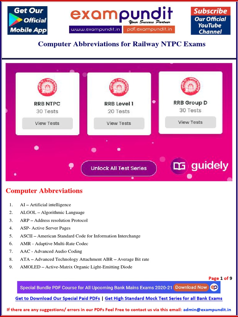 Computer Abbreviations For Railway NTPC Exams | PDF | Computer Network ...