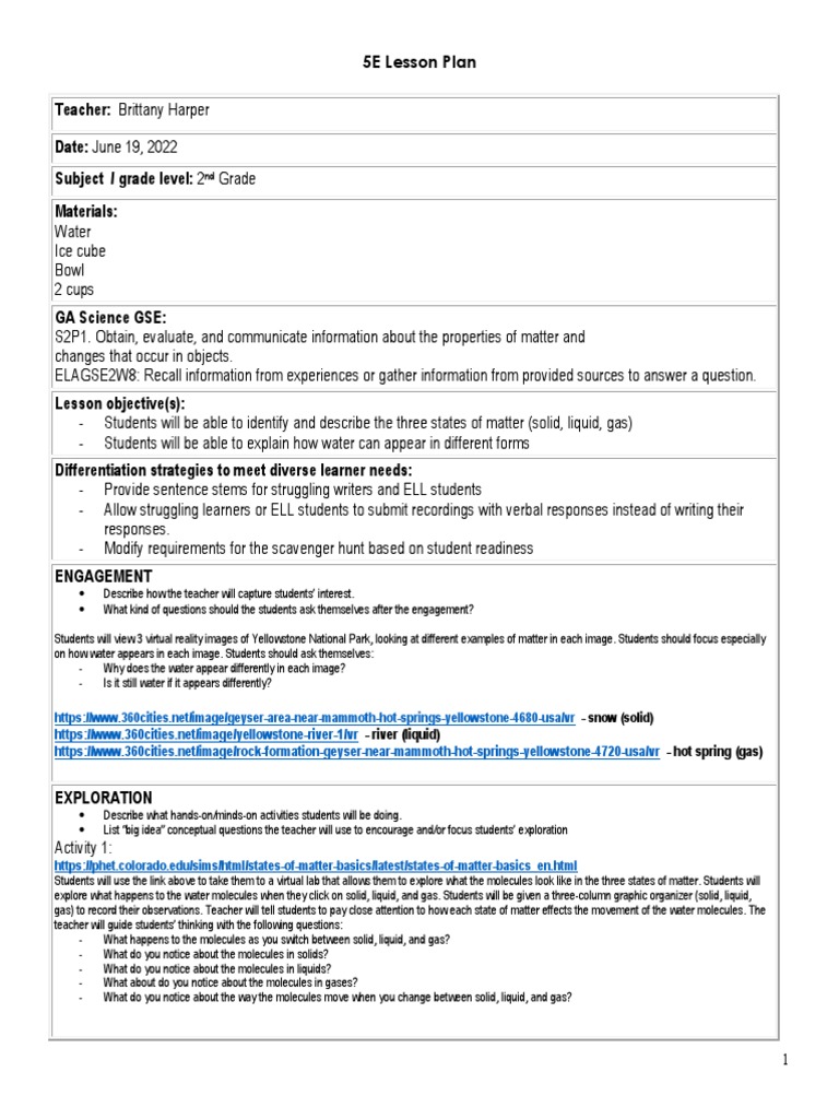 Harper 5e Lesson Plan | PDF | Gases | Water