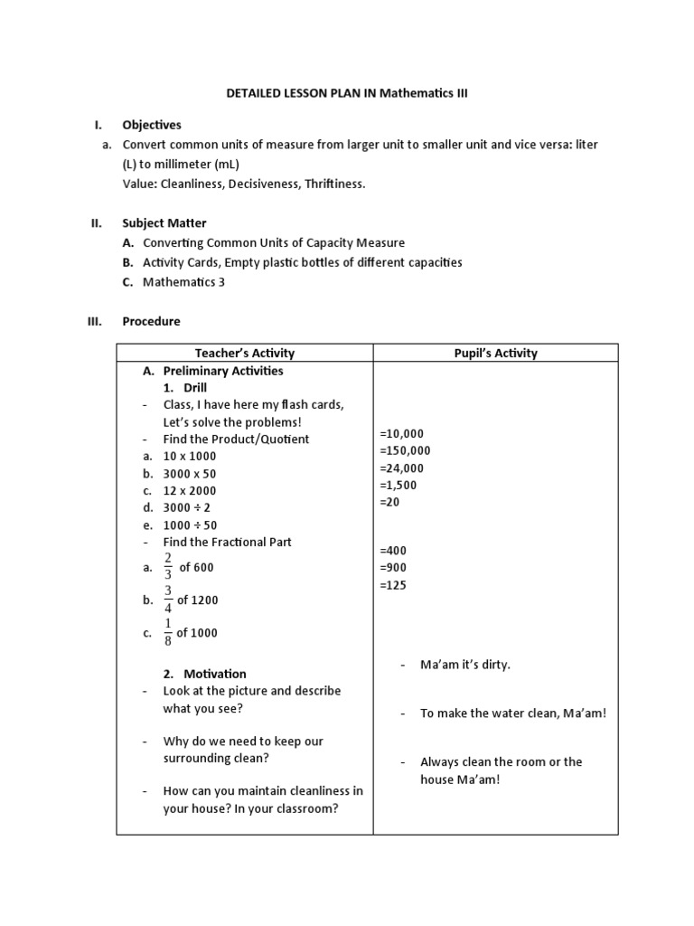 DETAILED LESSON PLAN IN Mathematics III | PDF | Litre | Lesson Plan