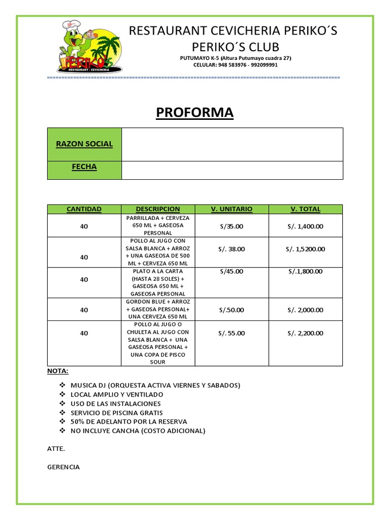 Proforma para evento en Restaurante Cevicheria Perikó's | PDF