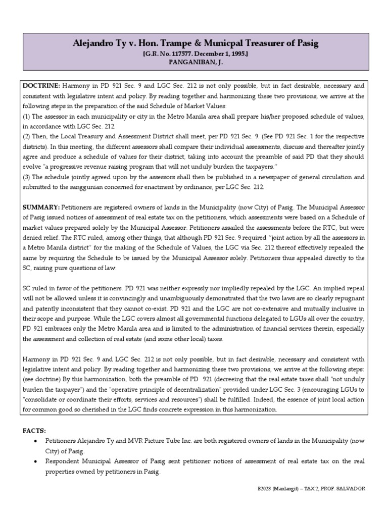 Alejandro Ty v. Hon. Trampe & Municpal Treasurer of Pasig | PDF | Taxes ...