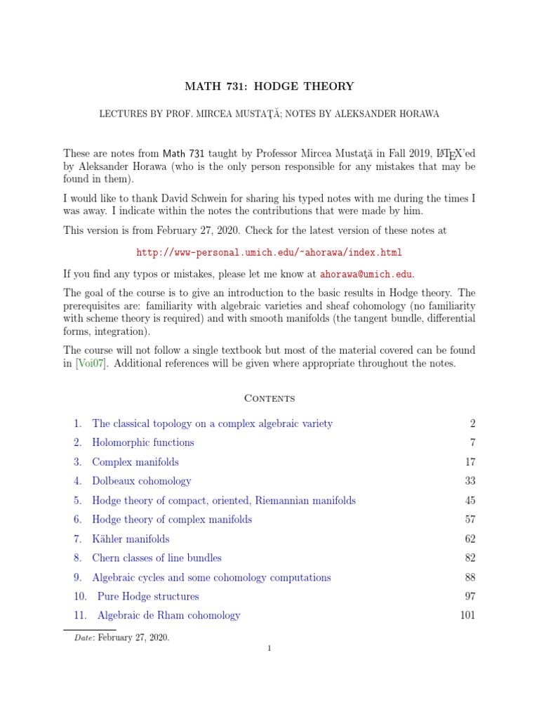 Hodge Theory (Lectures by Prof. Mircea Mustata) | PDF | Differentiable ...