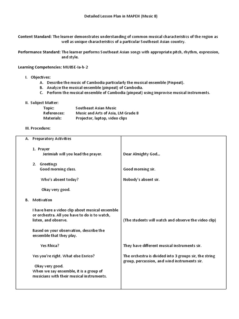 Detailed Lesson Plan in MAPEH (MUSIC 8) | PDF | Performing Arts ...