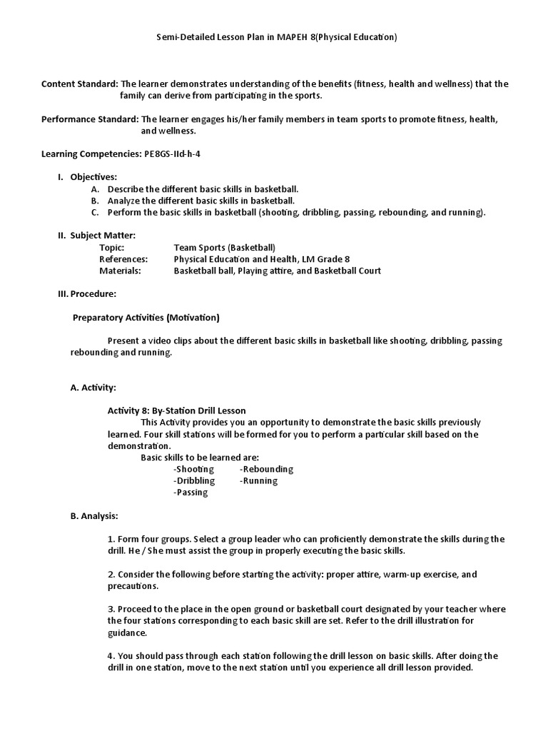 Semi-Detailed Lesson Plan in MAPEH (PE) | PDF | Physical Education ...
