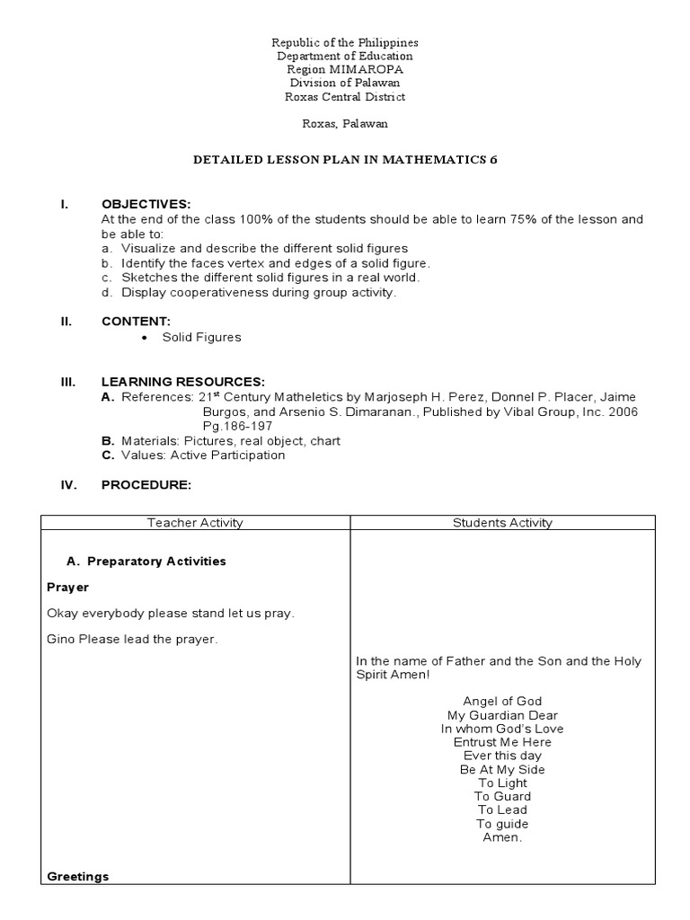 Detailed Lesson Plan In Mathematics 6 Pdf Shape Rectangle